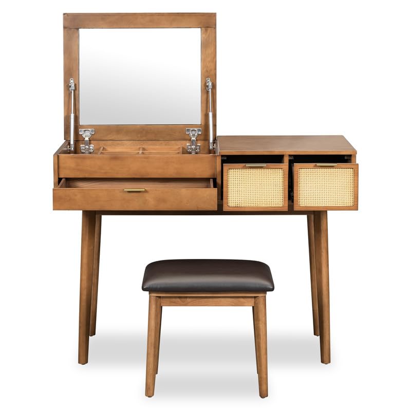FDSPDO Classic Wood Makeup Vanity Set with Flip-top Mirror and Stool, Dressing Table with Three Drawers and Storage Space, Brown