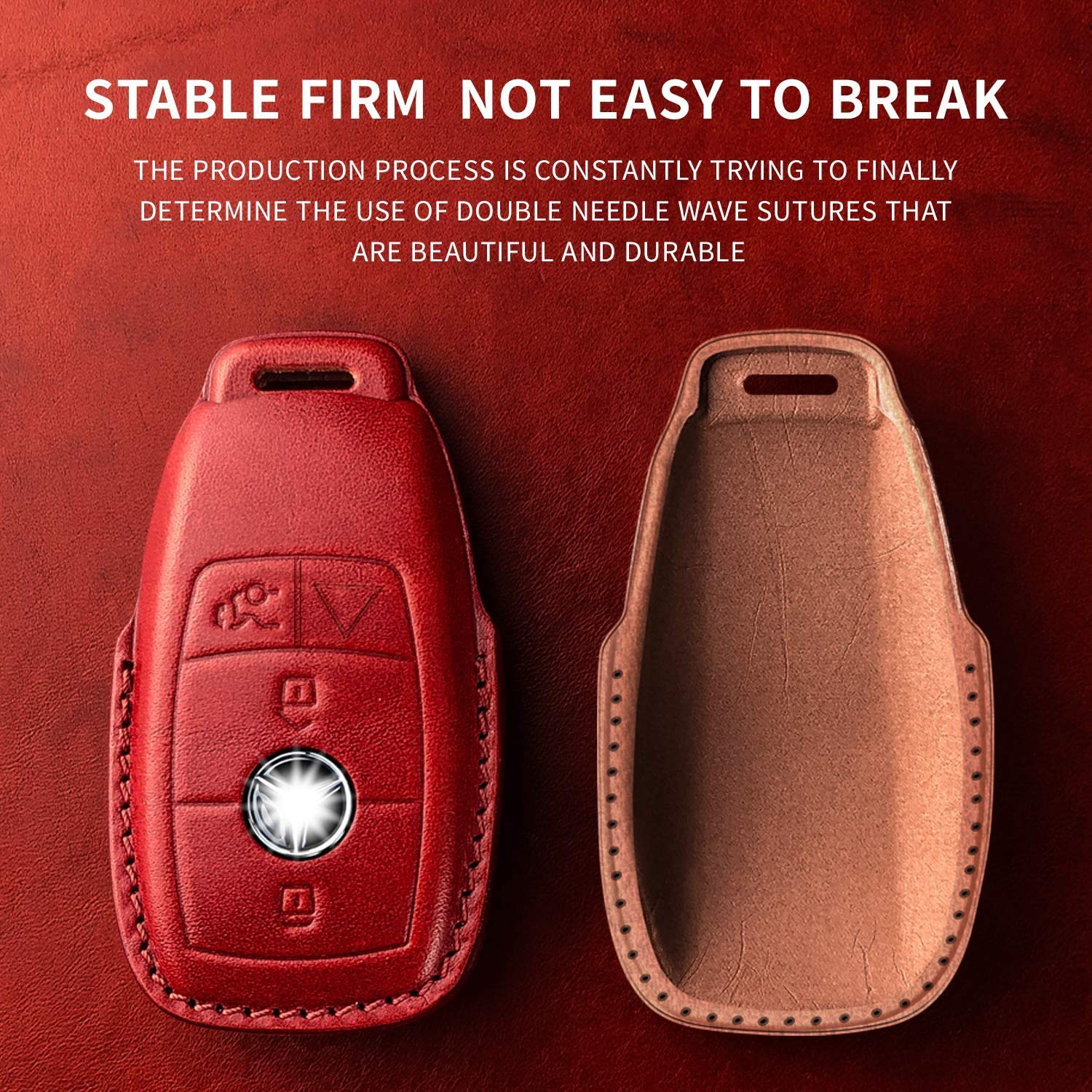 For Mercedes Benz Genuine Leather key fob cover with keychain Compatible with Mercedes-Benz 2019-2021 A-Class C-Class G-Class 2017-2021 E-Class 2018-2021 S-Class Keyless Smart Key Fob(4-Button,Red)