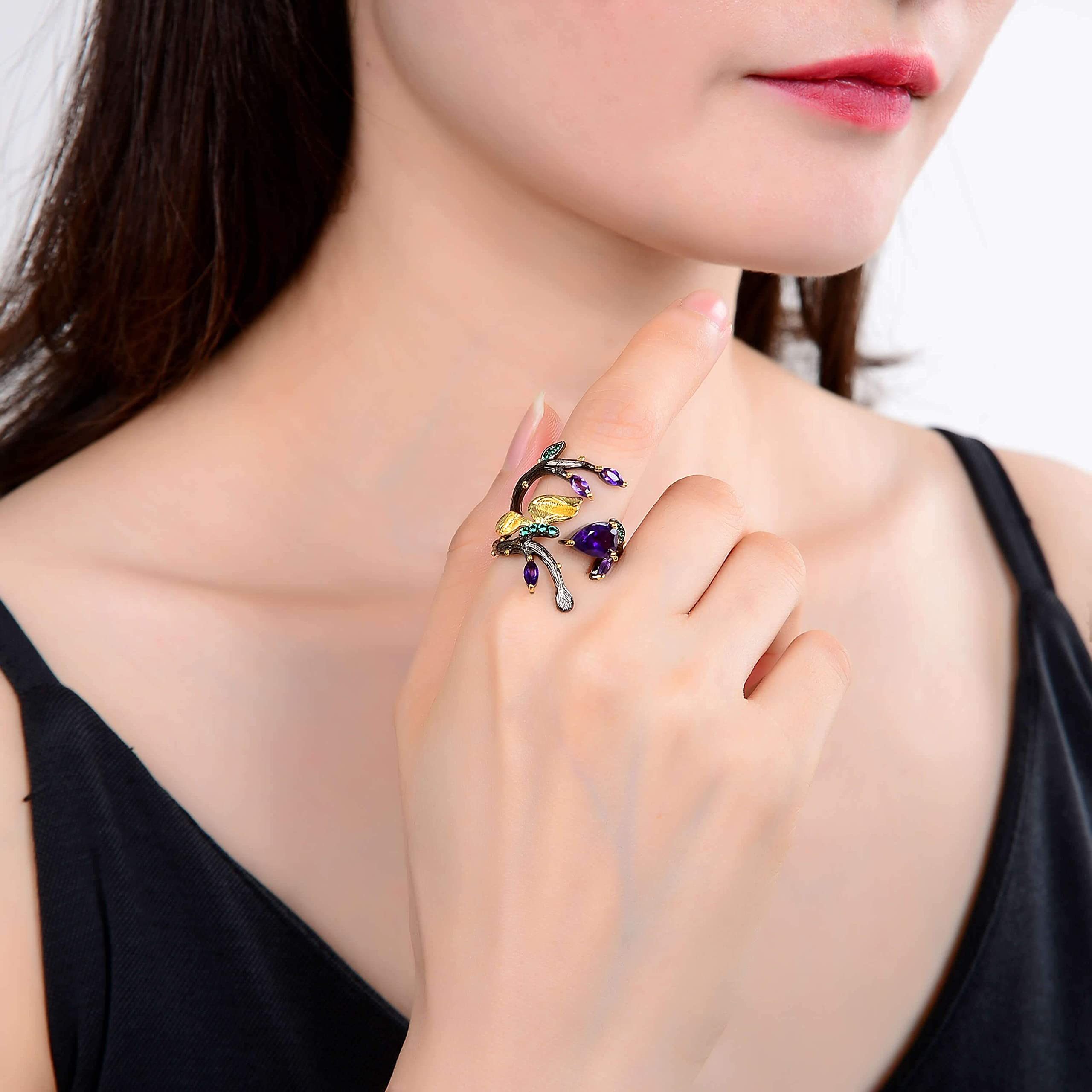 Fine Color Jewels Amethyst 0.47 carat Gold Plated Adjustable Flower Statement Ring - Solitaire Promise Cocktail Ring For Mothers Day Gift (Ring Size 5, 6, 7, 8)