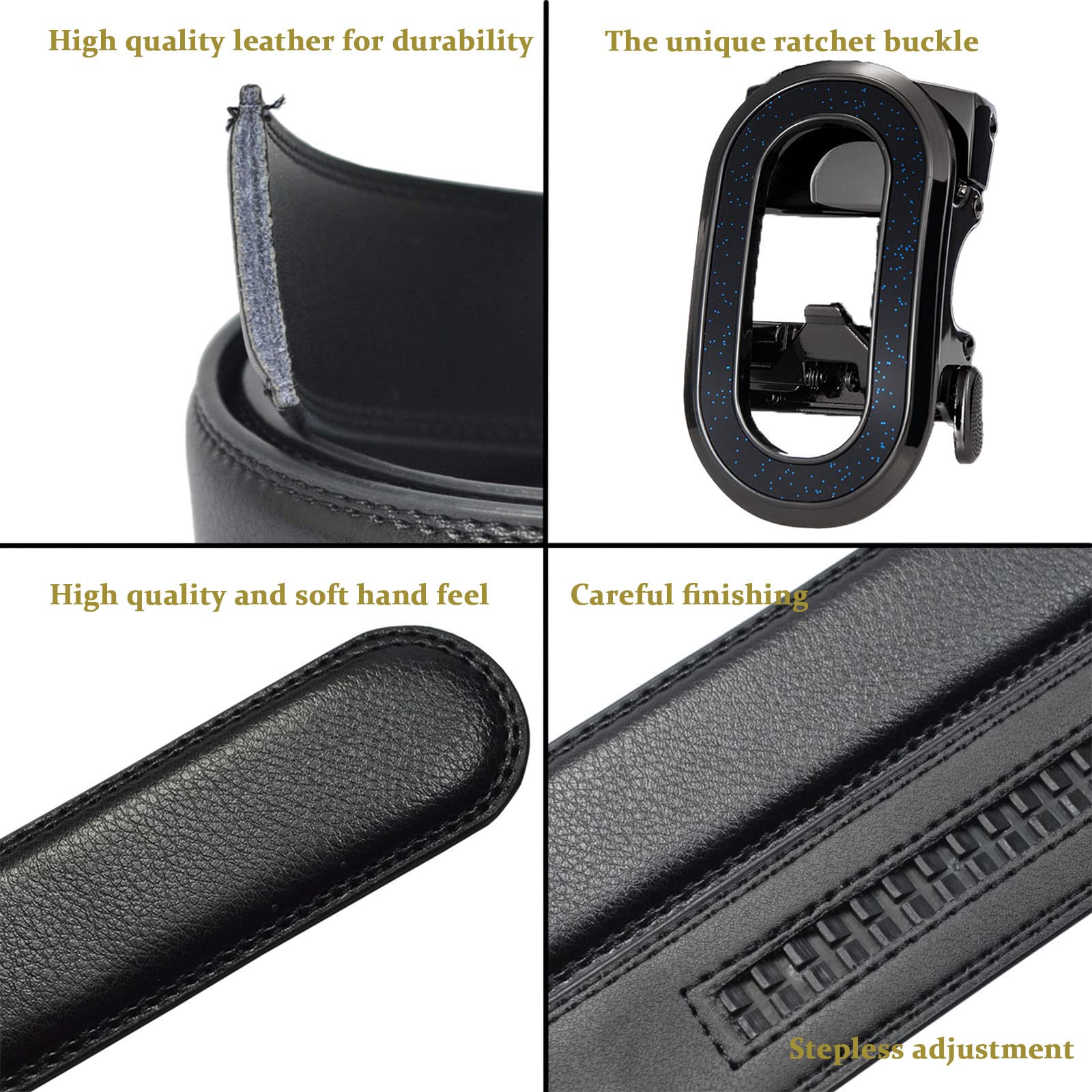 jasboo Men's Genuine Leather Adjustable Belts, Slide Trim Ratchet with Automatic Elegant Metal Buckles for Casual Pants (Black & Night Sky)