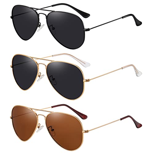 MEETSUN Aviator Sunglasses for Men Women Driving Polarized UV400 Protection Metal Frame 3Pack Black Gray+Gold Gray+Gold Brown