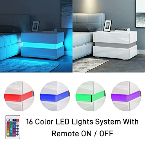 HALLOLURE Nightstand Modern Low Profile White Nightstand with Drawers and LED Light 17.7" Tall Night Stand Bed Side Table for Bedroom, Platform Bed