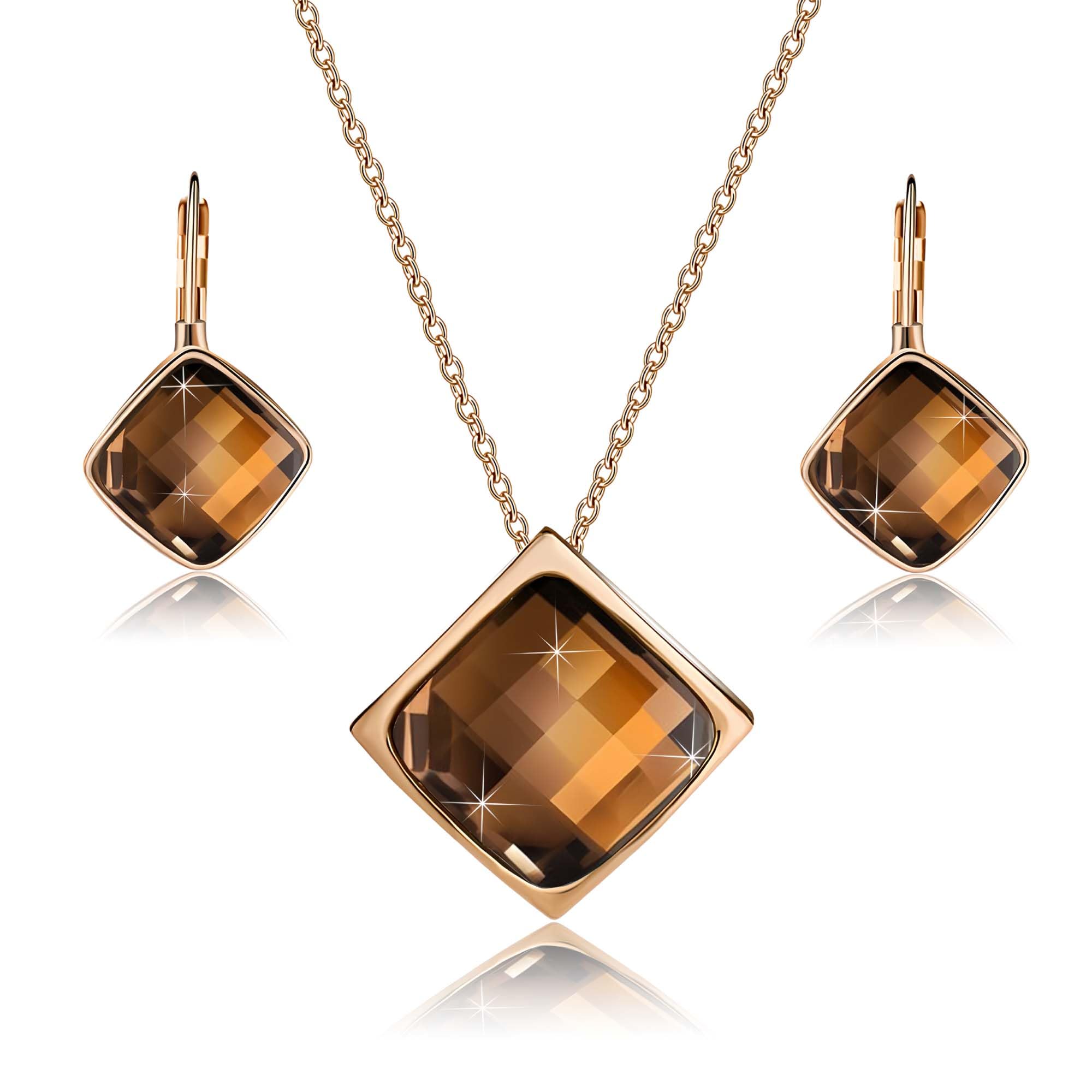 EVEVIC Square Austrian Crystal Necklace Earrings Set for Women 18K Gold Plated Jewelry Set (Brown)