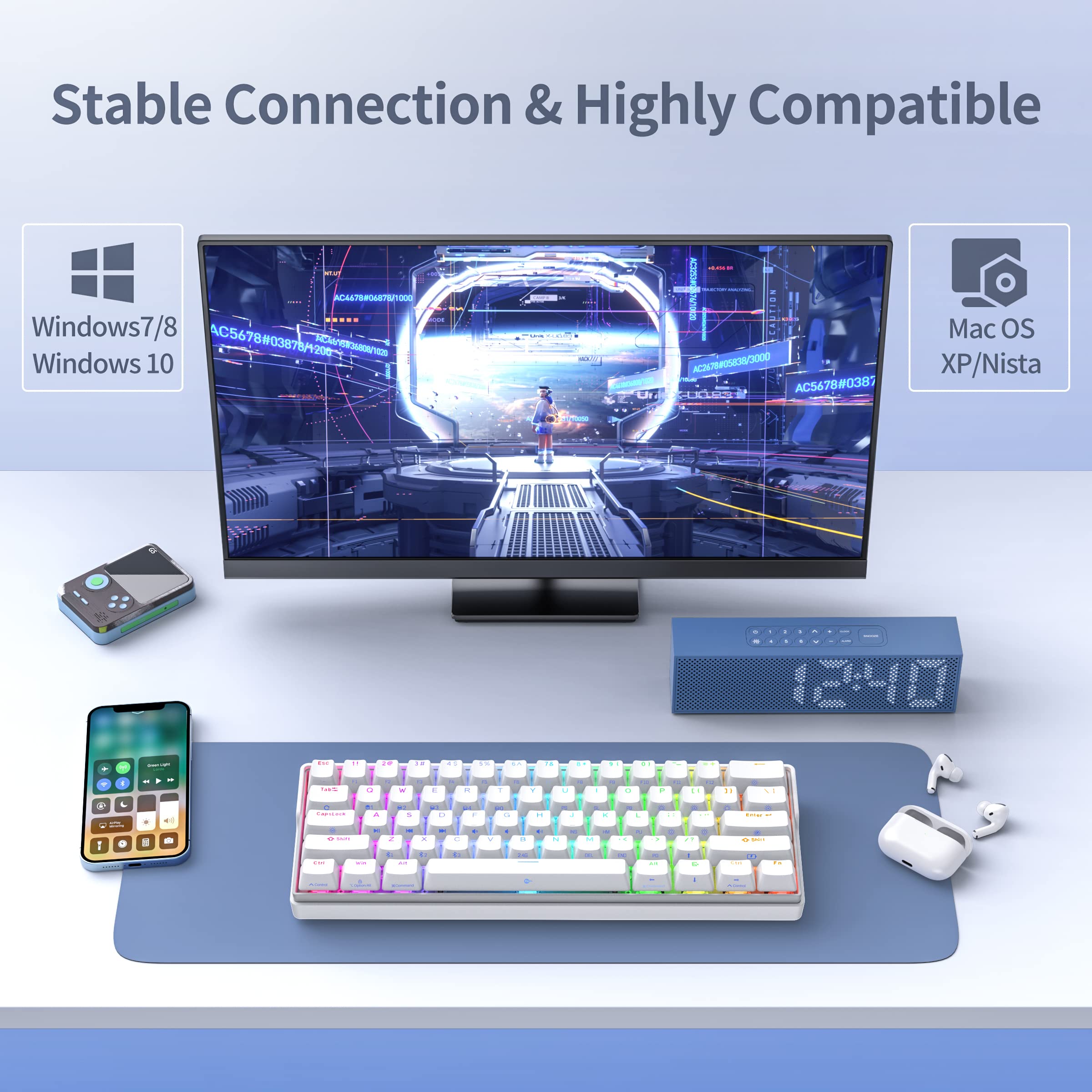 KEMOVE Snowfox DK61 Wireless Mechanical Keyboard, 2.4G/Type-C/Bluetooth Keyboard, Hot Swappable RGB Backlit 61 Keys 60% Gaming Keyboard, Anti Ghosting/N-Key Rollover 3000mAH Battery, Blue Switch