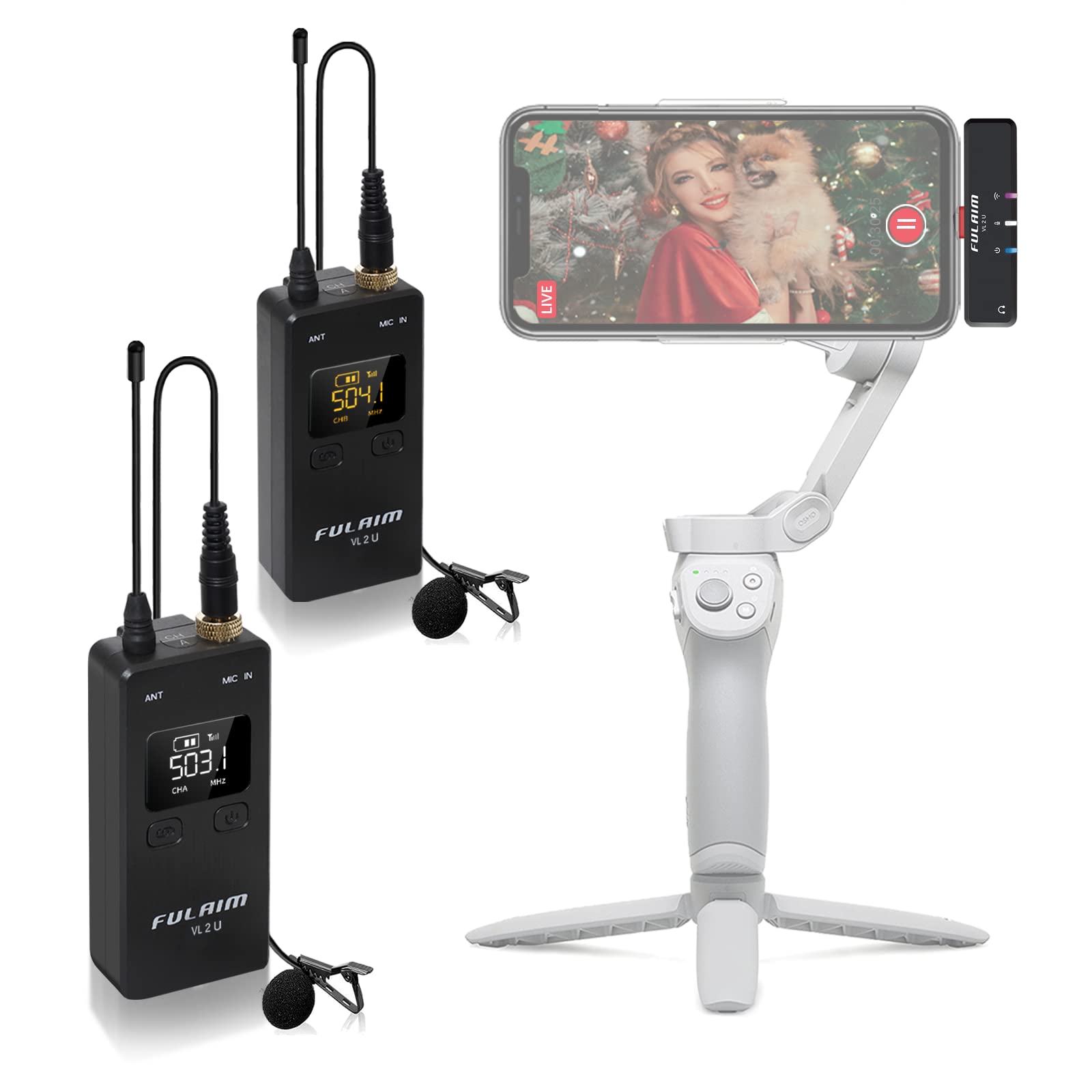 FULAIM VL2 Wireless Lavalier Microphone System for iPhone iPad MacBook with Noise Reduction, 22 UHF Channel Lapel Omnidirectional Mic for Vlogging, TikTok, YouTube, Facebook -2TX (2Transmitters)