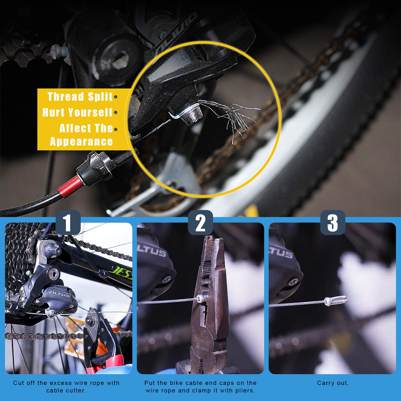 Glarks 121Pcs Bike Cable End Caps with Cable Cutter Set, 120Pcs 6 Colors Cable End Crimps Brake Cable End Caps with Stainless Steel Wire Rope Aircraft Bicycle Cable Cutter Up to 5/32"