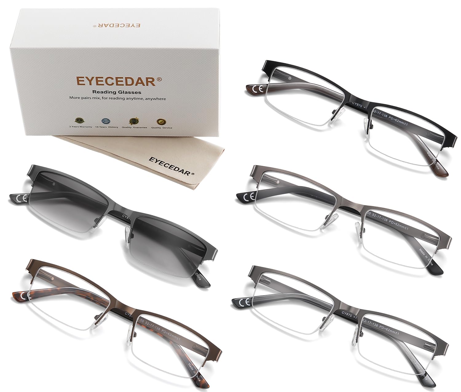 EYECEDAR 5-Pack Reading Glasses for Men Rectangular Metal Half-Frame Spring Hinges with Sun Readers Glasses Mens Readers 1.50