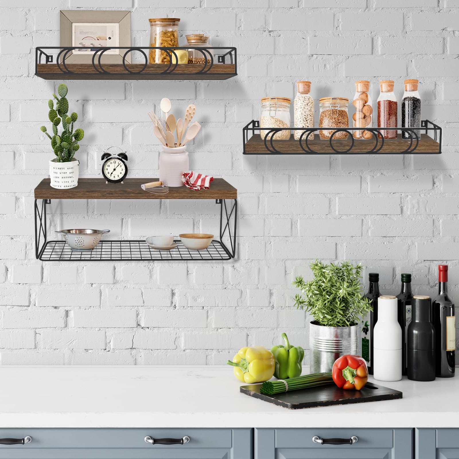 Floating Wall Shelves Set of 3, Rustic Solid Wood Bathroom Shelves for Wall DéCor, Wall Mounted Wooden Shelves Bathroom Wall Organizer Over Toilet Storage, Kitche-Black