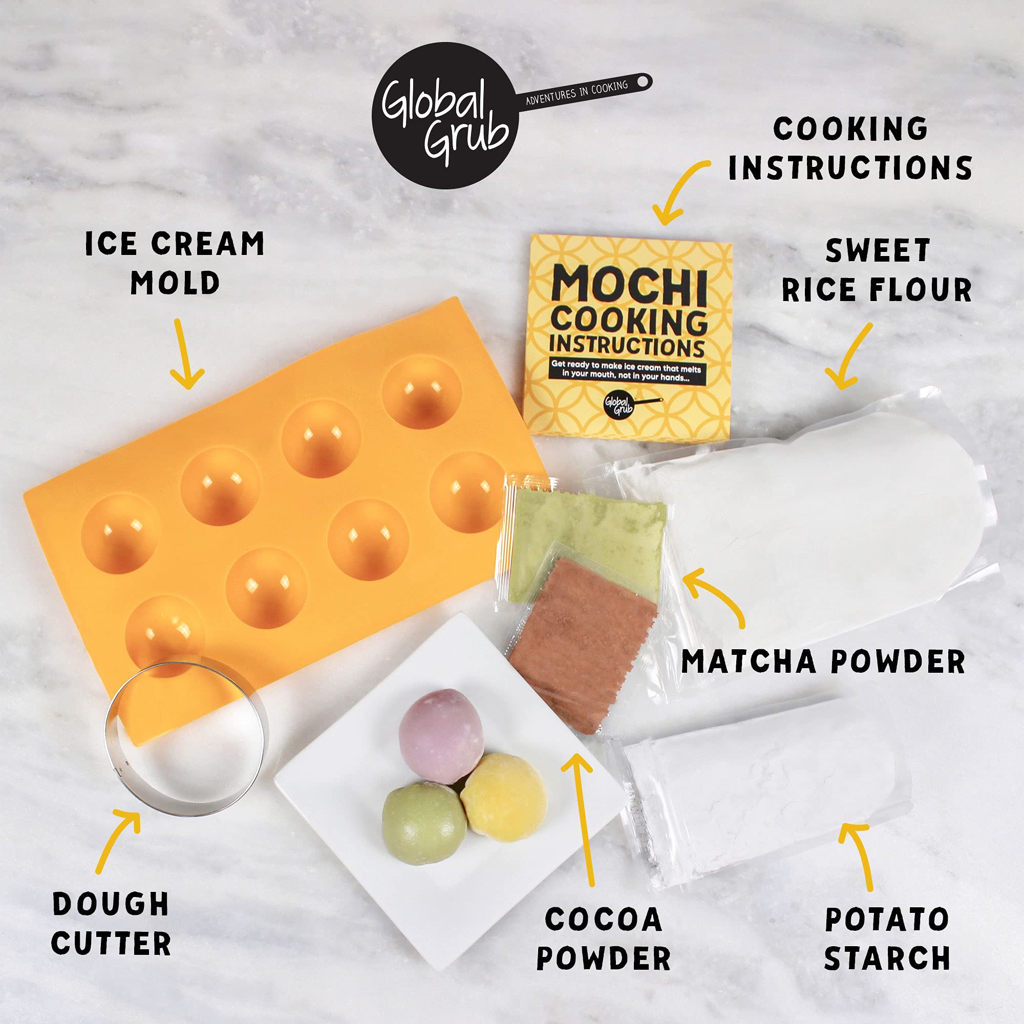 Global Grub Original DIY Mochi Ice Cream Kit - Kit Includes Sweet Rice Flour, Potato Starch, Matcha Powder, Cocoa Powder, Ice Cream Mochi Maker, Dough Cutter, Cooking Instructions. Makes 32 Pieces