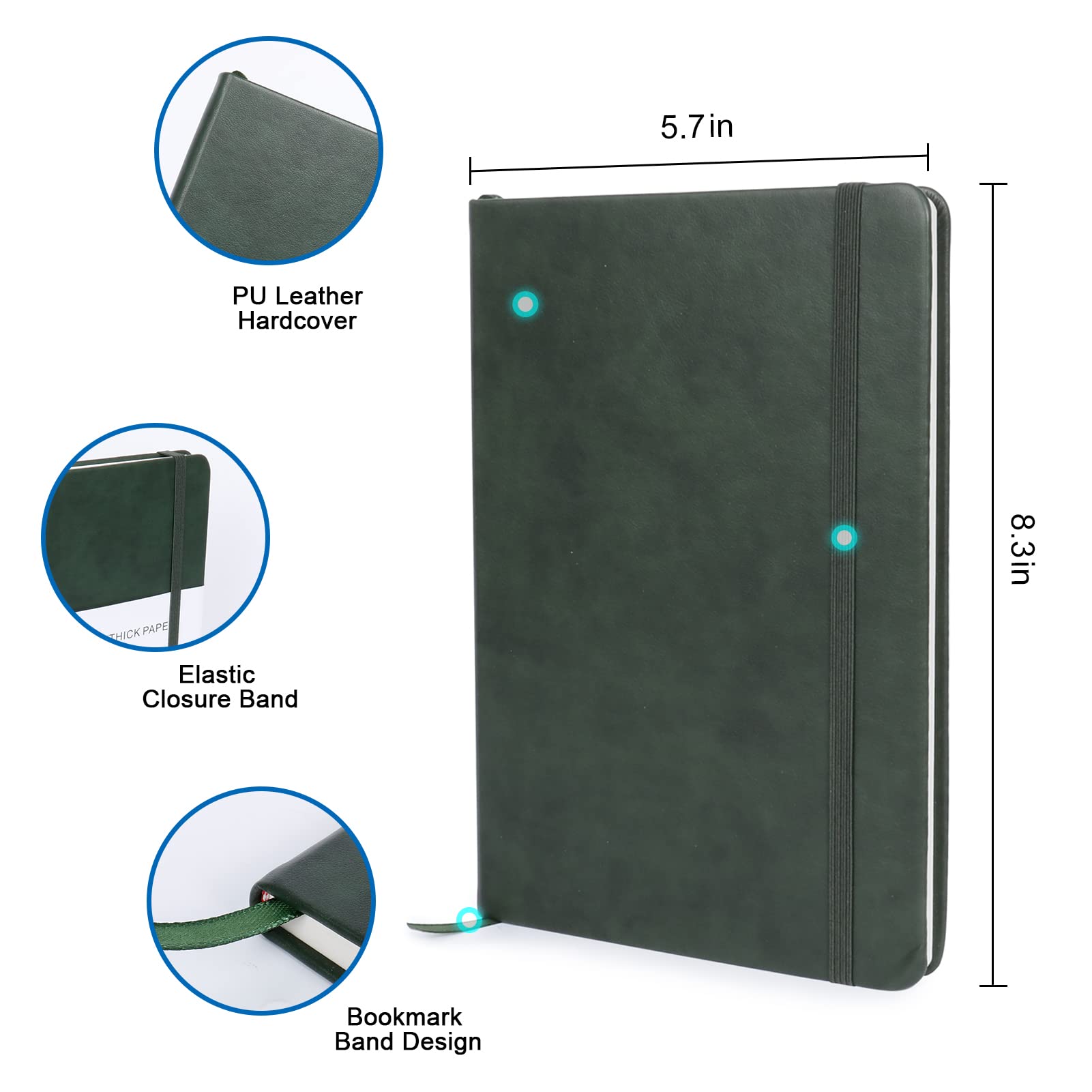 foroxin Lined Journal Notebook Dark Green Leather for Women Men 2 Pack 8.3 x 5.7 Large College Ruled 192 Pages 80gsm Hardcover Notebooks Work Home School with Elastic Band Closure and Ribbon Bookmark