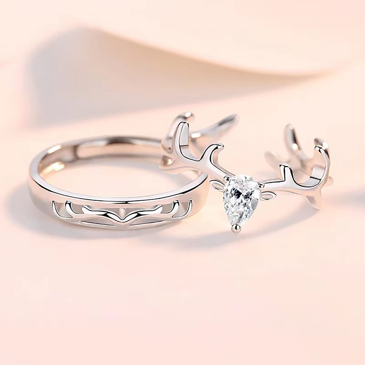 His Hers Couples Matching Rings Set Cute Silver Deer Antler Ring Dainty Cubic Zirconia Adjustable Matching Deer Antler Wedding Rings Endless Love Promise Ring Christmas Valentine's Day Gift for