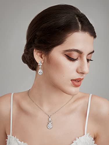 SWEETV Wedding Jewelry for Bride, Silver Teardrop Cubic Zirconia Necklace Earrings Set, Bridal Jewerly Set for Wedding Porm