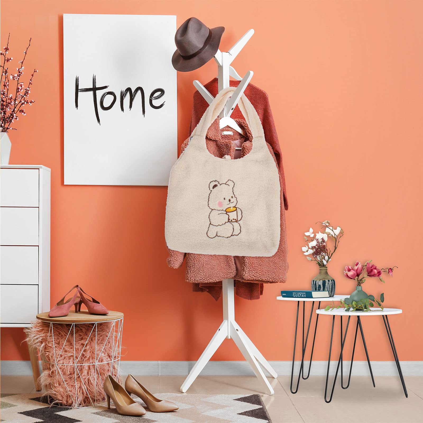 FVVMEED Women Canvas Tote Purse Lamb Like Fabric Shoulder Bag Simple Cute Bear Crossbody Handbag (B)