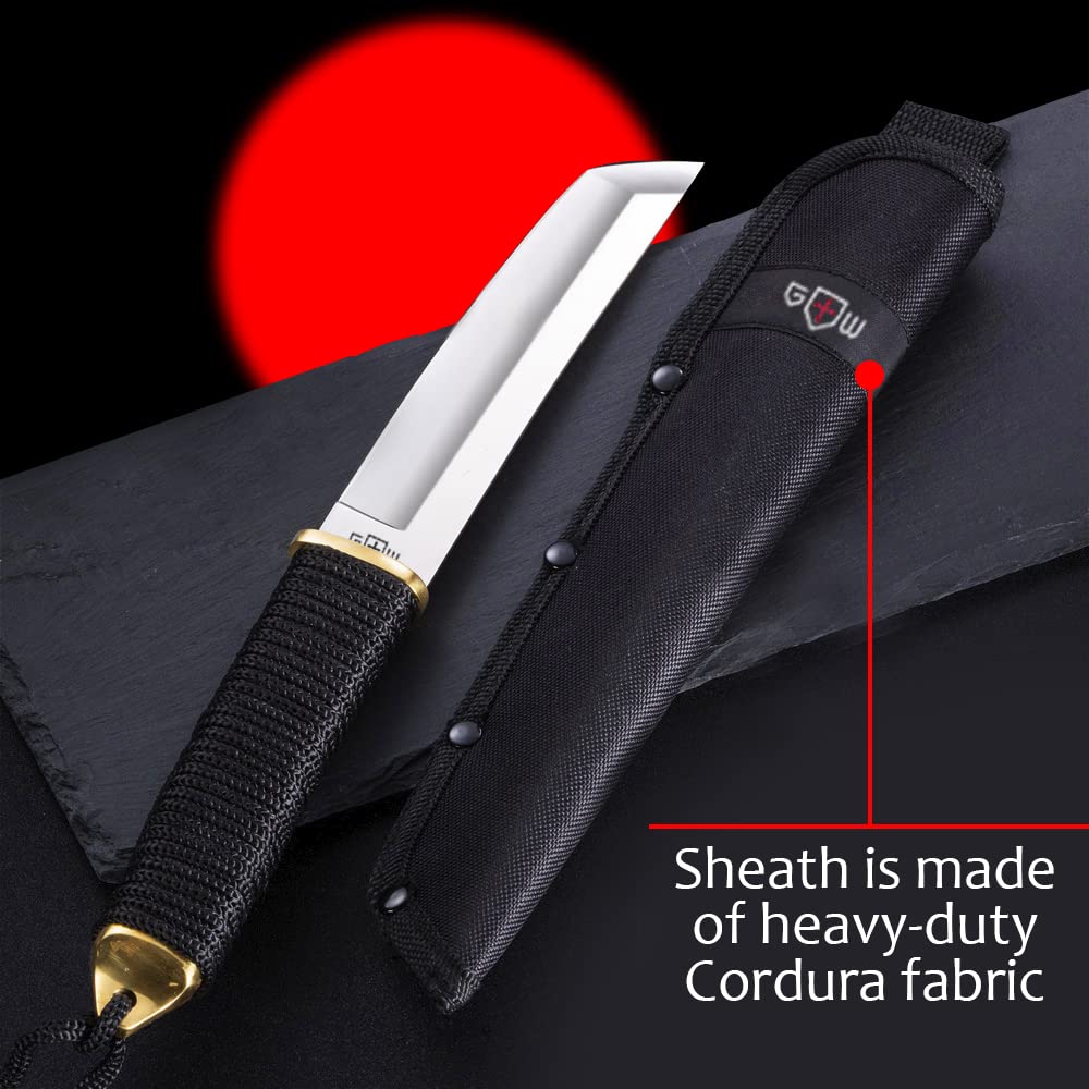 Grand Way Bundle of 2 Items - Japanese Fixed Blade Tanto Knife - 5,9" Polished Sharp Blade - Knives with Paracord Handle - Hiking Hunting Knofe - Sharp Blade Tool - Birthday Christmas Gifts for Men