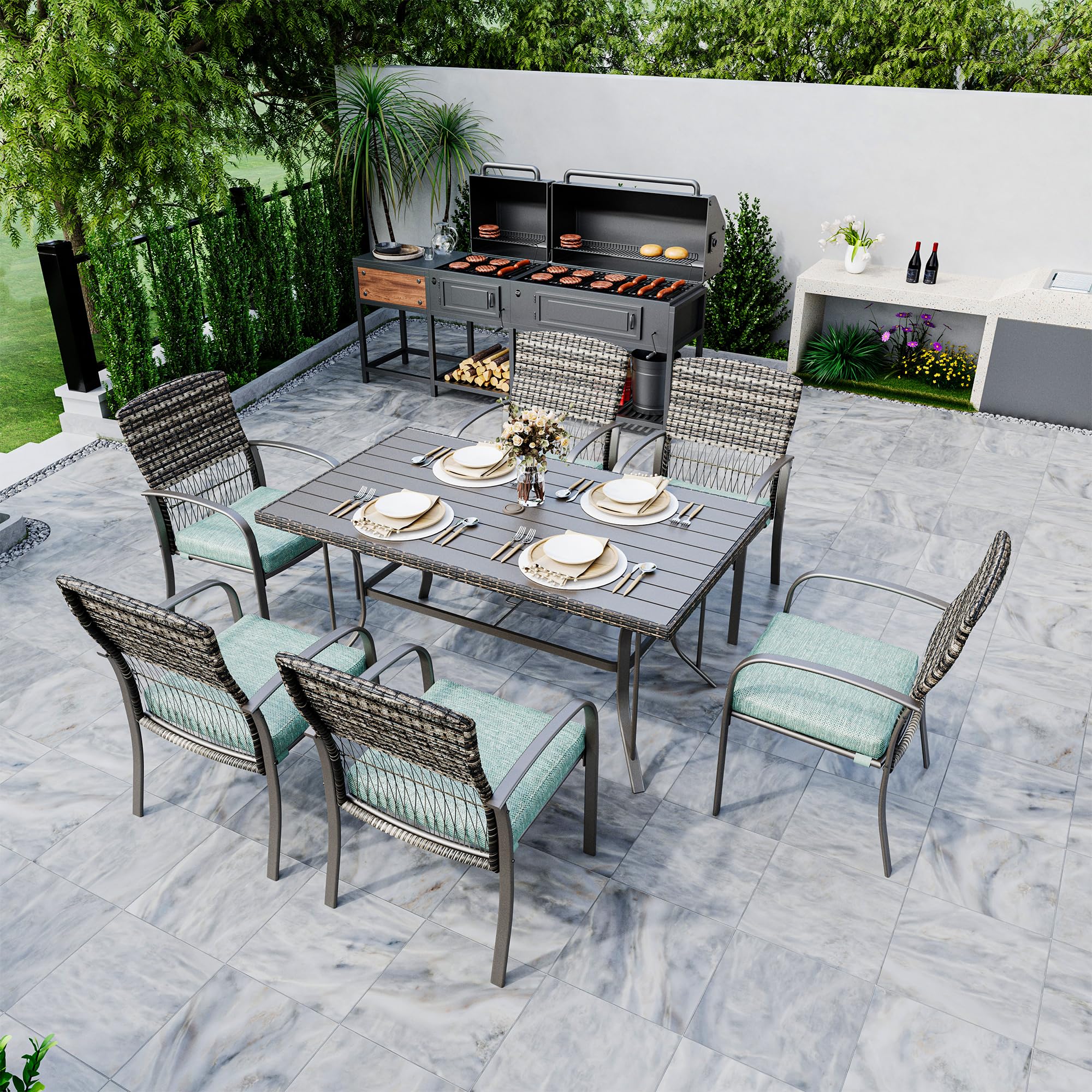 Pamapic Patio Dining Table Set, Outdoor Dining Set 7 Piece, Outdoor Wicker Furniture Set with Removable Cushions for Backyard Garden Deck/Iron Slats Table Top(Green)