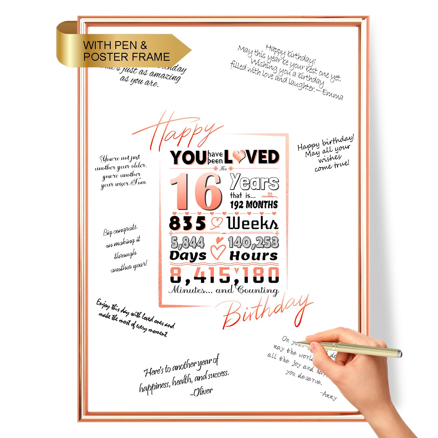 Vuzvuv 12x16 Framed Sweet 16th Birthday Party Decorations for Girl with Pen & Gold Rose Frame, Sweet 16 Party Decorations Signing Board Guest Book, Funny 16th Birthday Gifts for Girl Friend Daughter