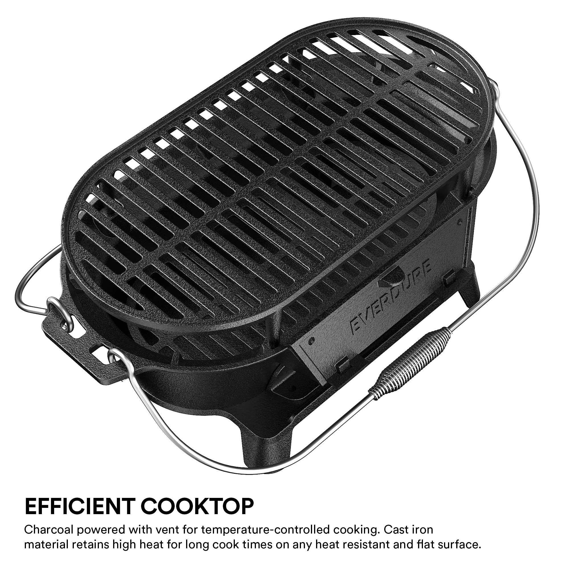 Everdure Oval Cast Iron Grill & Cover β Outdoor, Portable Charcoal Grill and Tabletop Cast Iron Skillet - 100% Cast Iron, Enameled, Durable, Small Charcoal Grill, Camping Stove, Hibachi Grill