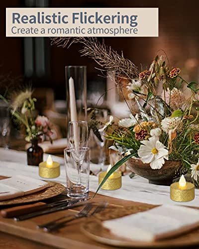 LOGUIDE Battery Operated LED Tea Lights,24 Pack Gold Flameless Votive Tealights Candle with Warm White Flickering light, Small Electric Fake Tea Candle Realistic for Wedding,Table,Festival Celebration