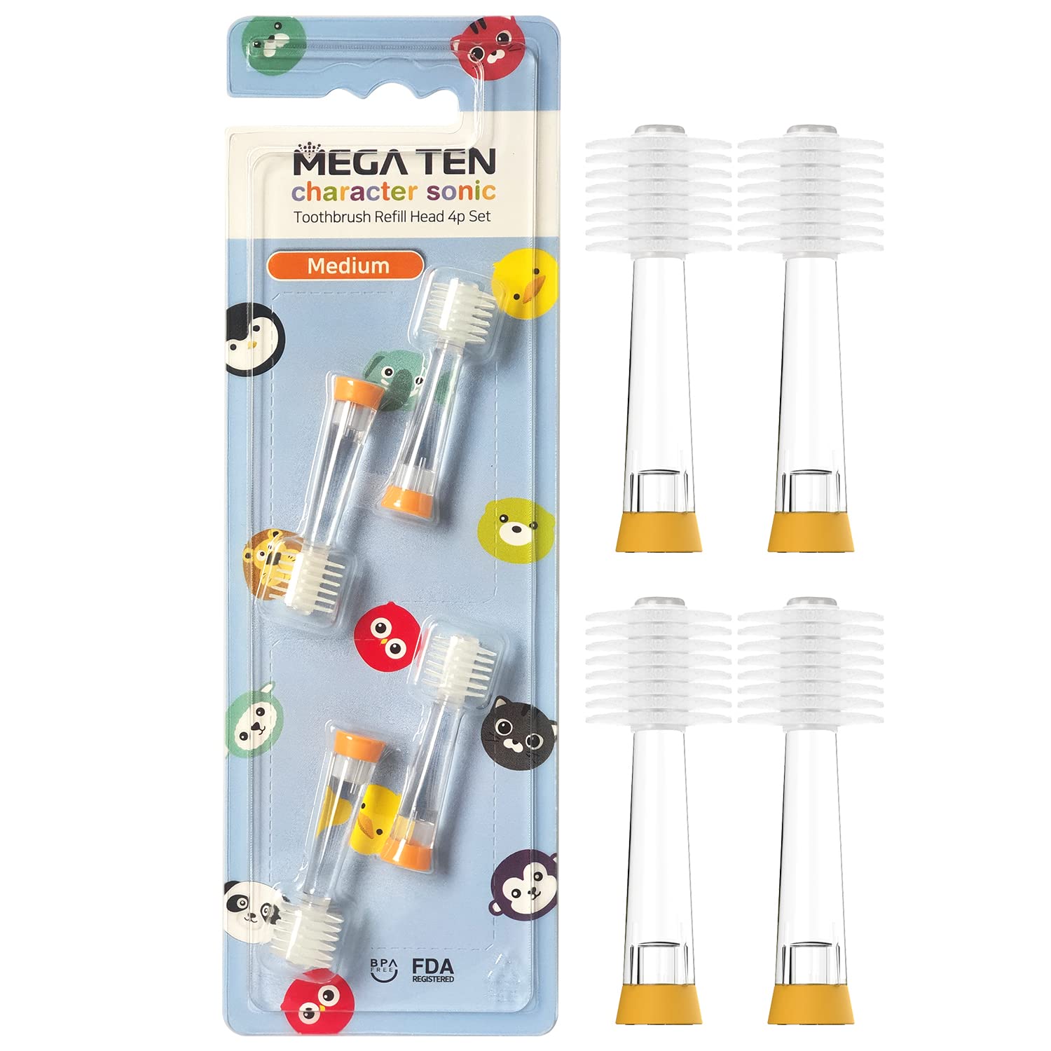 MEGATEN Kids 360 Degree Ultrasonic Electric Toothbrush Refill Brush Head - Made in Korea - Soft Microfiber Bristles - BPA Free - Over 48months, Medium 4ea