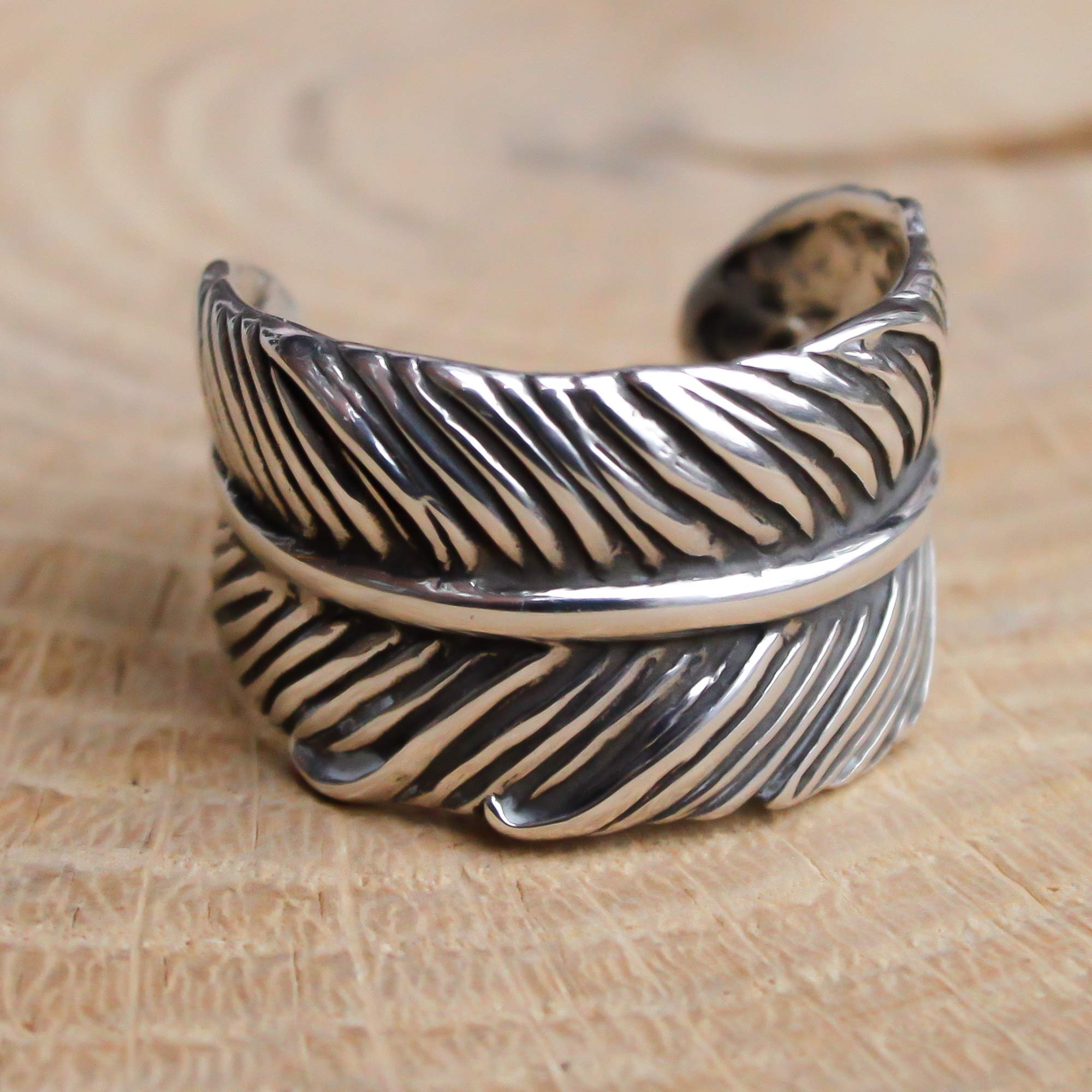 Feather Wrap Band Ring Solid Sterling Silver 925 Wide Unisex Adjustable Resizable Leaf Rings Boho Hippie Yoga Style Fashion Jewelry for Women Men (9.5)