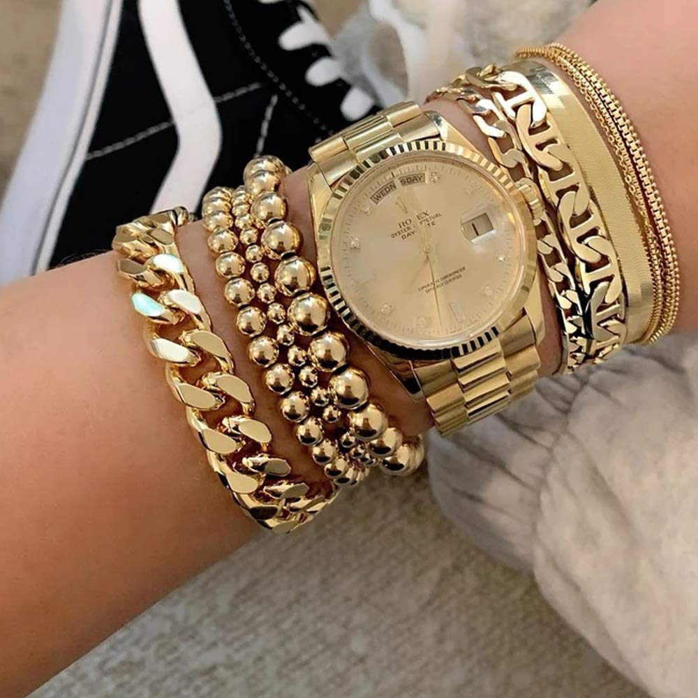 GLBCC Gold Beaded Bracelet Set for Women Stack 14 K real Gold Plated Ball Bracelets Elastic String Bracelet 4 mm 5 mm 6mm Small Beads Friendship Bracelet for Men (gold)
