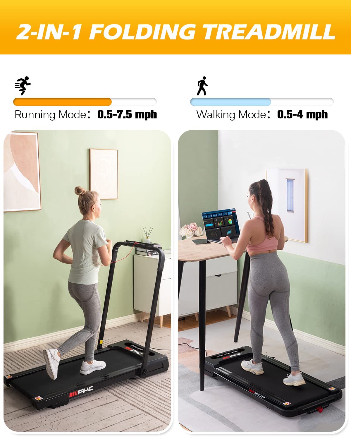 FYC Under Desk Treadmill - 2 in 1 Folding Treadmill Desk Workstation for Home 300LBS Weight Capacity, 3.5HP Free Installation Foldable Treadmill Compact Electric Running Machine for Office, Black