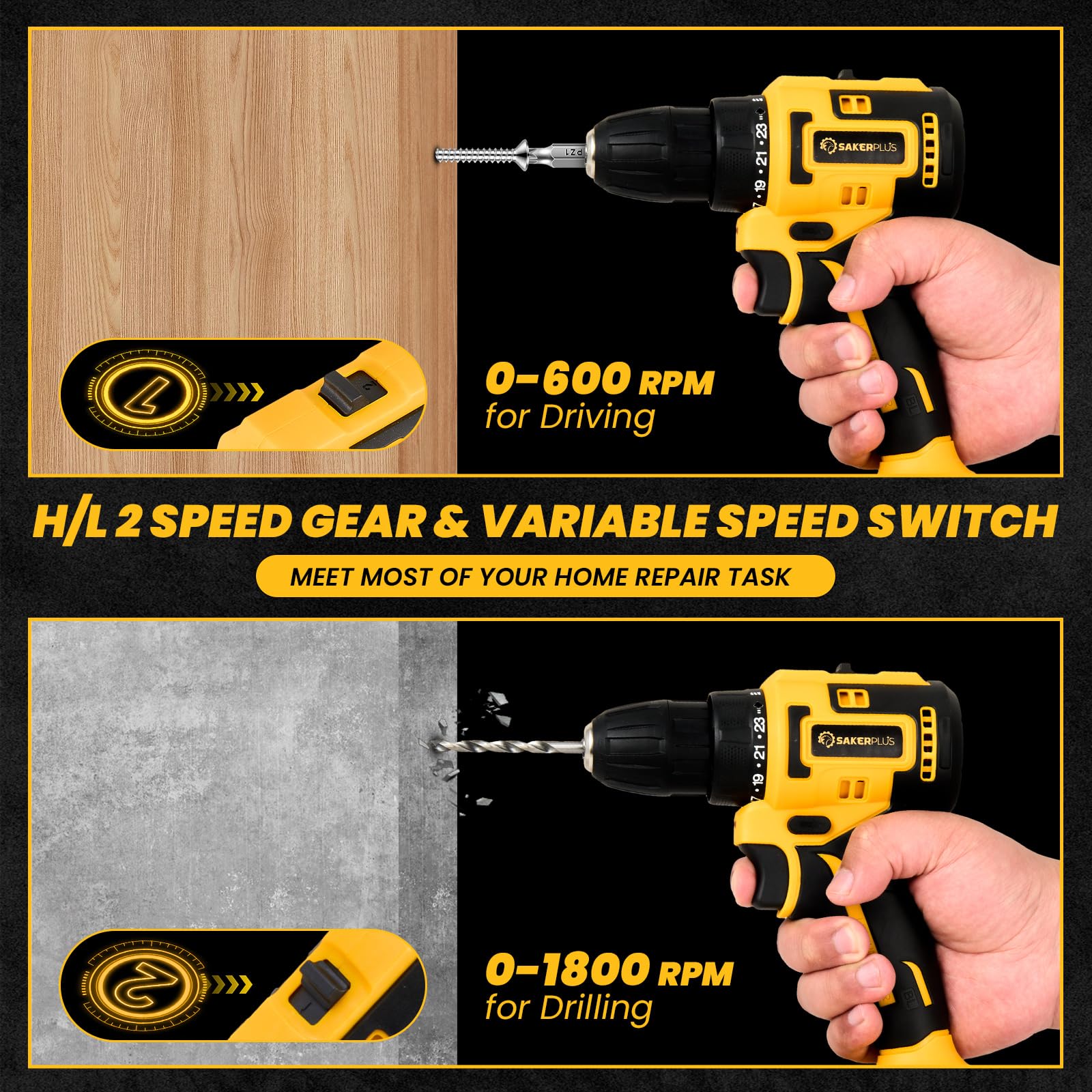 SakerPlus Cordless Drill Set with Drill Bits,22V Brushless Electric Screwdriver Driver Tool Kit,3/8-Inch Keyless Chuck,2 Variable Speeds,430 In-lbs Torque Battery Powered Drills for Home Repair & DIY