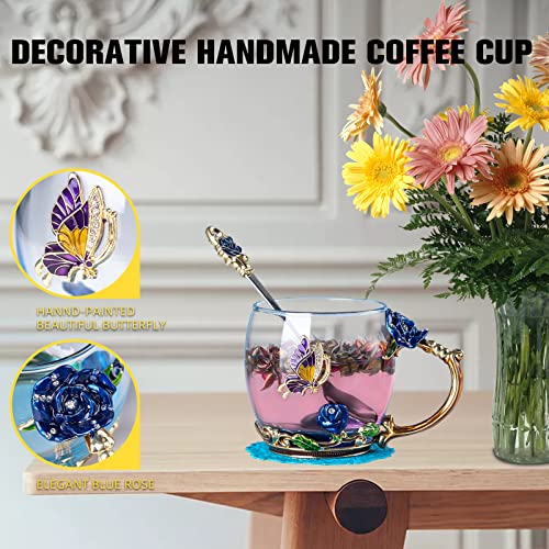 SHEEYEE Glass Coffee Mugs with Spoon, Enamel Butterfly Rose Flower Tea Cups with Decorative Handle Tea Sets for Women Gift 11 oz.(2 Sets)