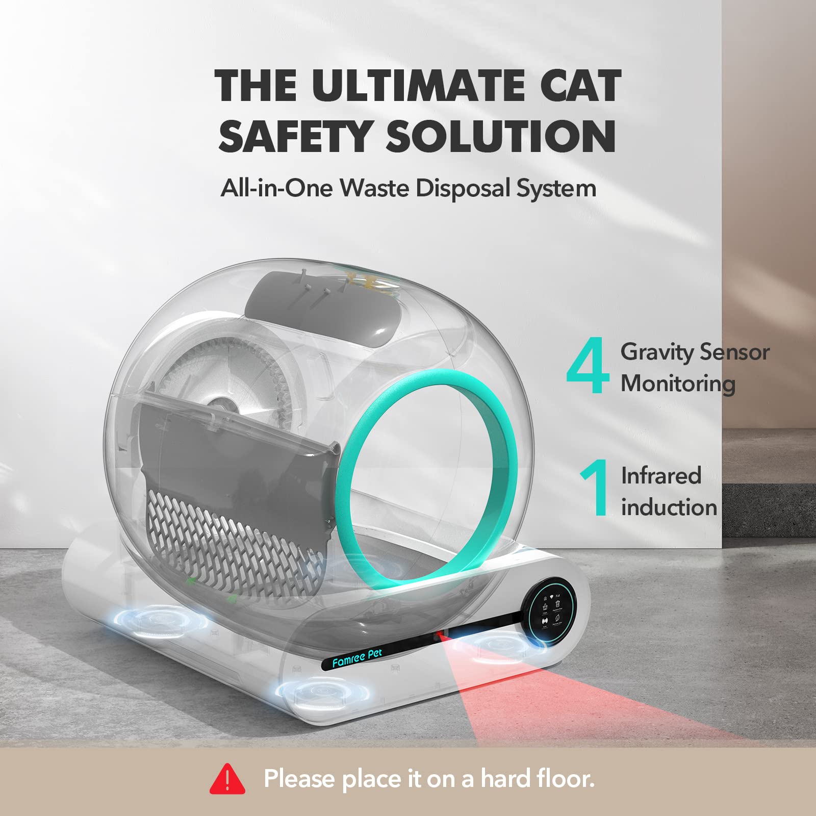 Famree Pet Automatic Cat Litter Box, Large Capacity Self Cleaning Cat Litter Box, APP Control Smart Motion Sensor Kitty Litter Box for Multiple Cats with Leak-Proof Accessories Turquoise