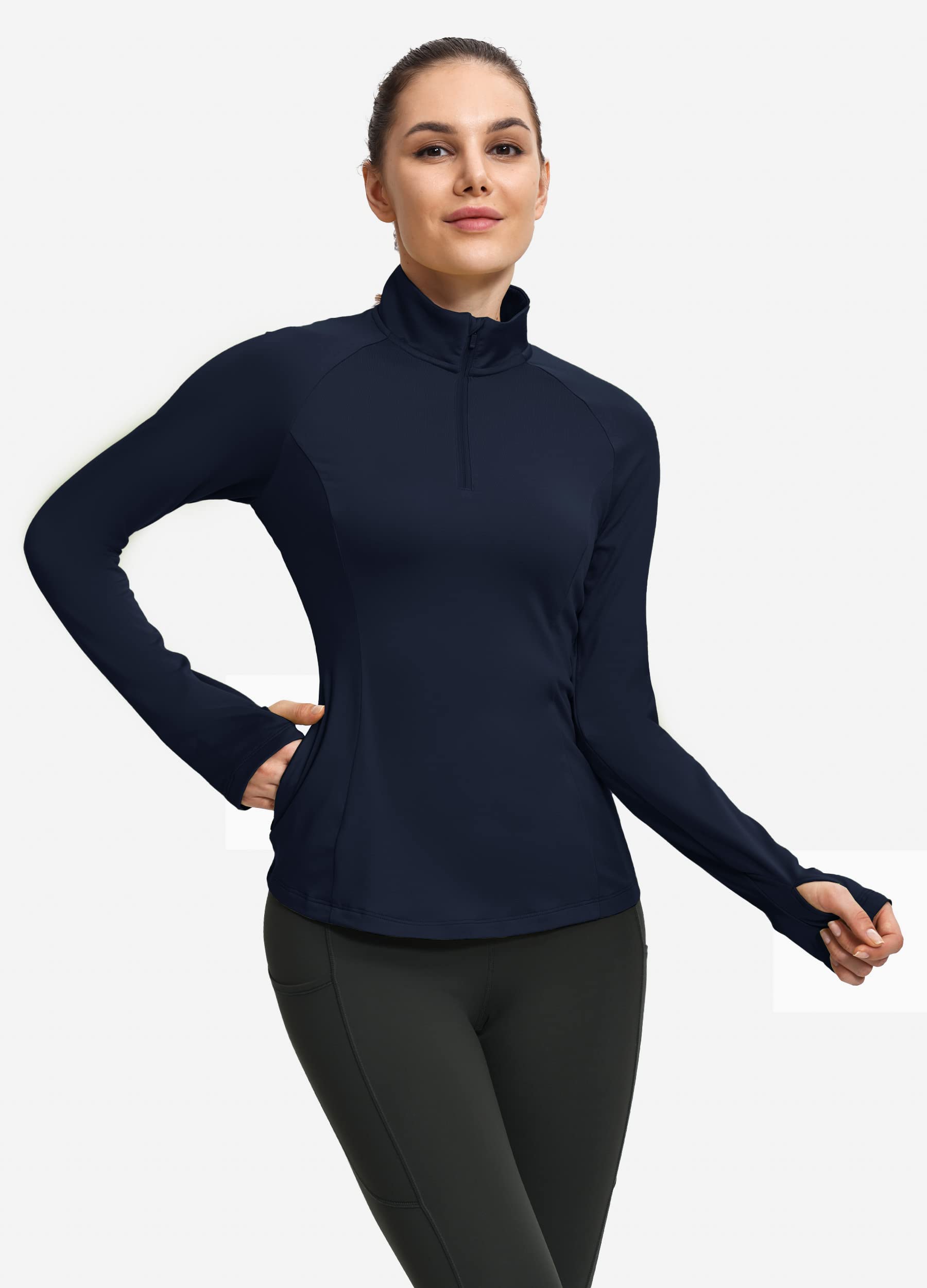 Hiverlay Women's Thermal Fleece Half Zip Thumbholes Long Sleeve Running Pullover Equestrian Shirt for Cold Weather Blue S