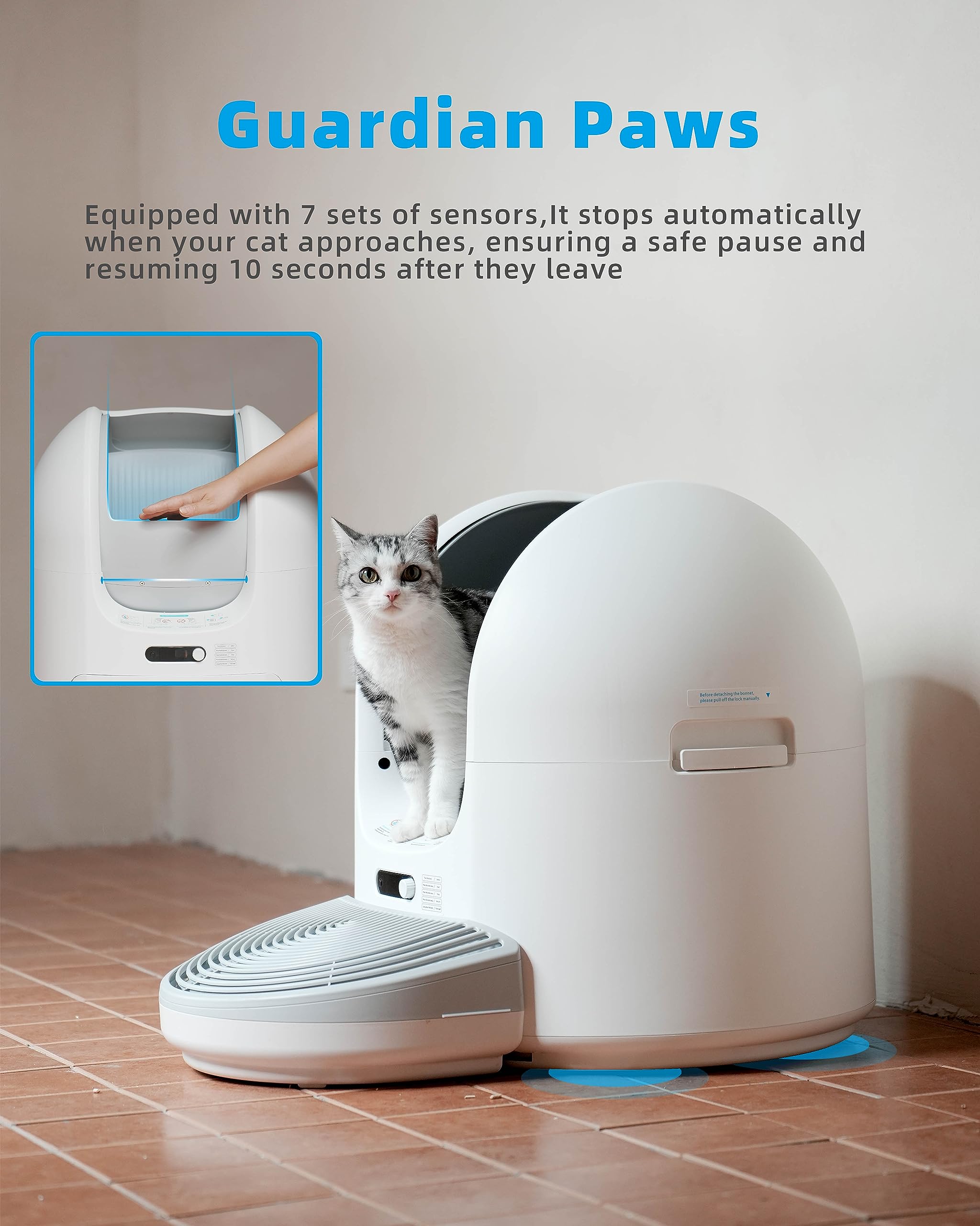 ezMeow Automatic Cat Litter Box,Self-Cleaning Cat Litter Box Smart Robot for Multi-Cats.Litter Trap Pedal,Open Entry,Sealed Waste Bin,Ozone Deodorization,7 Safety Sensor,App Control,Cat Recognition