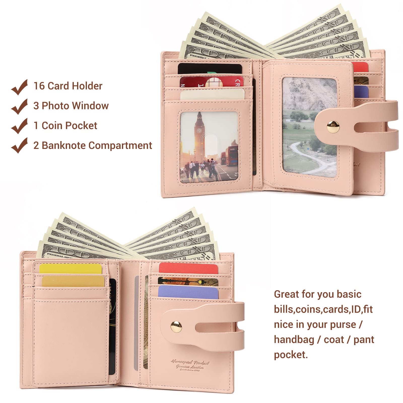 HUMERPAUL Women‘s Leather Wallet RFID Blocking Small Compact Bifold Zipper Pocket Purse with ID Window and Card Case, Brown