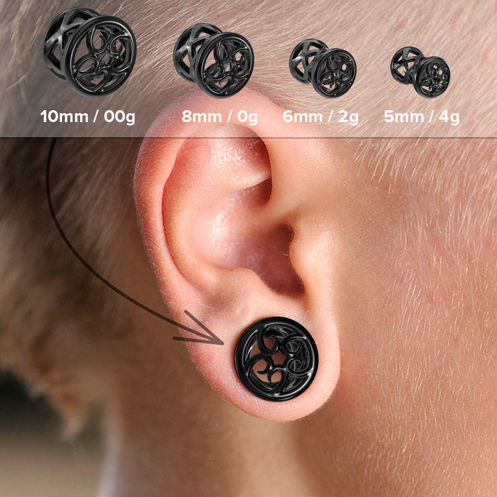 Evonix Unique Plugs - No Stink Double-Flared Gauges 00 Black For Ears | Classy Custom Design Thin Wall Flesh Tunnels Earrings Pair For Women Men 10mm