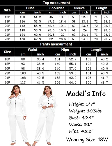 SWOMOG White Pajama Set for Plus Size Women Silk Satin Pajamas Long Sleeve Pjs Button-Down Pj Set Soft Sleepwear Set 22W