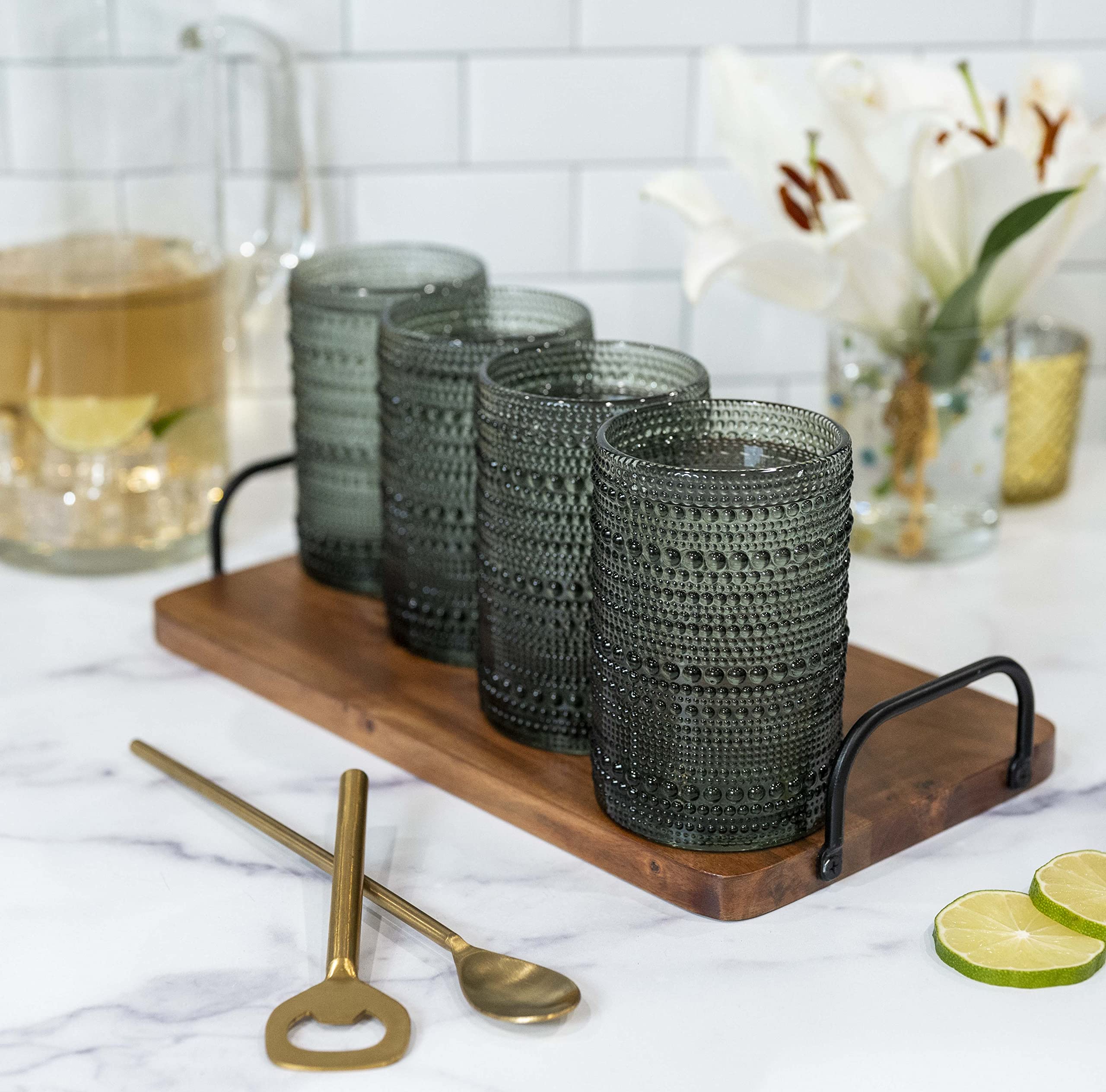 Greenline Goods Hobnail Drinking Glasses - Gray 12 oz Thick Modern Kitchen Glassware Set - Unique Vintage Bubble Cocktails Or Modern Bar - Set of 4 - Old Fashioned Beverage Glasses For Tabletop