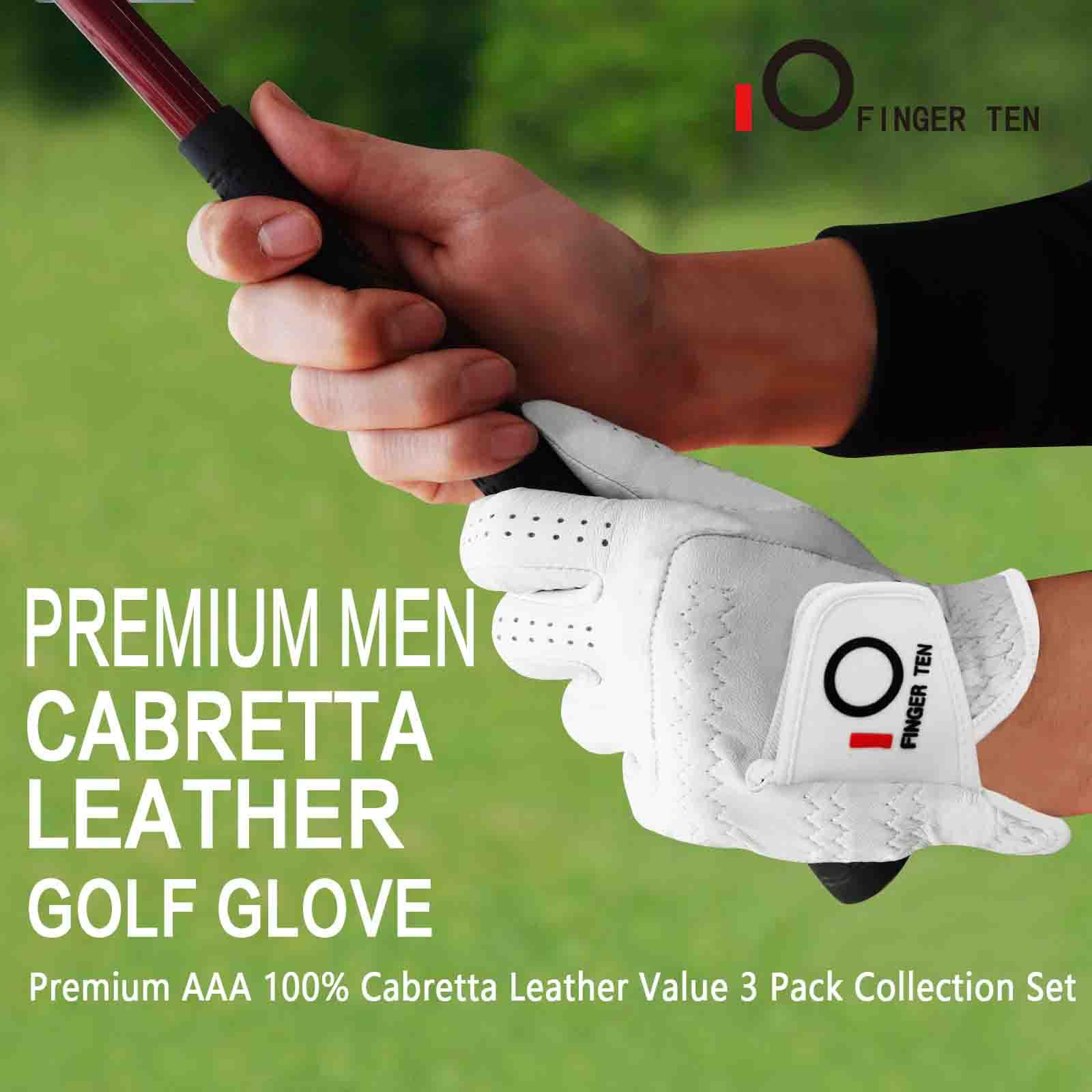 FINGER TEN Golf Gloves Men Right Handed Golfer Left Hand 3 Pack Cabretta Leather White Soft All Weather Grip Breathable Lightweight Flexible Glove (White, Large, Worn on Left Hand)