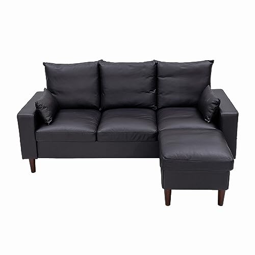 Panana Reversible Sectional Sofa Couch for Small Apartment L Shape Sofa Couch 3-seat Sectional Corner Couch, Black Leathaire