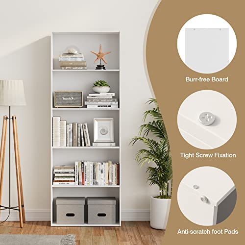 Tangkula 5-Shelf Bookcase, 23.5''L x 9.5''W x 67''H, Multi-Functional Wood Storage Display Open Bookshelf for Home Office (White)
