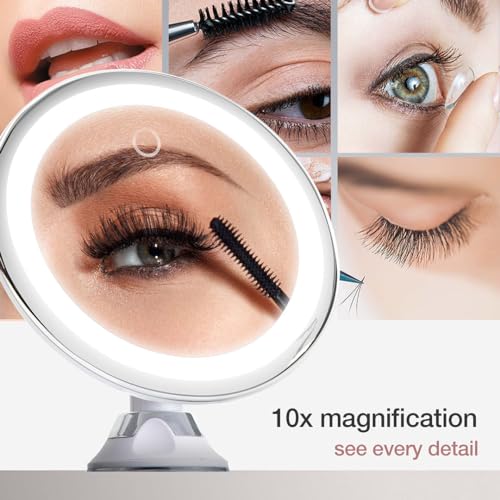 Fancii 10X Magnifying Makeup Mirror with True Natural Light and Locking Suction - 8 inch Large Lighted Travel Vanity Mirror, Dimmable Daylight LEDs, Battery and USB Operated - Luna (Silver)