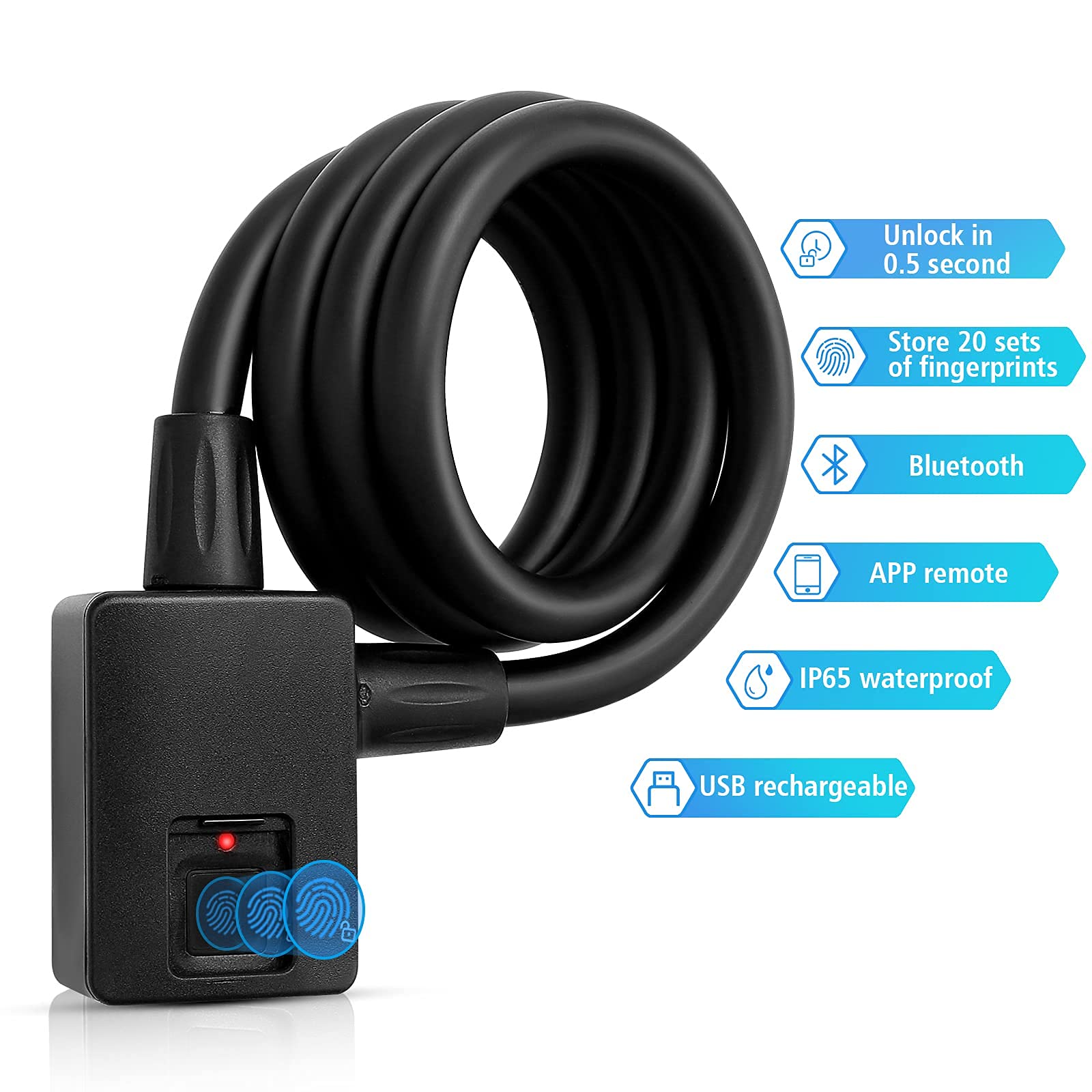 Fingerprint Bike Lock Cable and Waterproof Fingerprint Padlock Lock with APP Open, Remote, Unlock Record Heavy Duty Bicycle Lock for Outdoor Bicycle, Motorcycles, Scooters