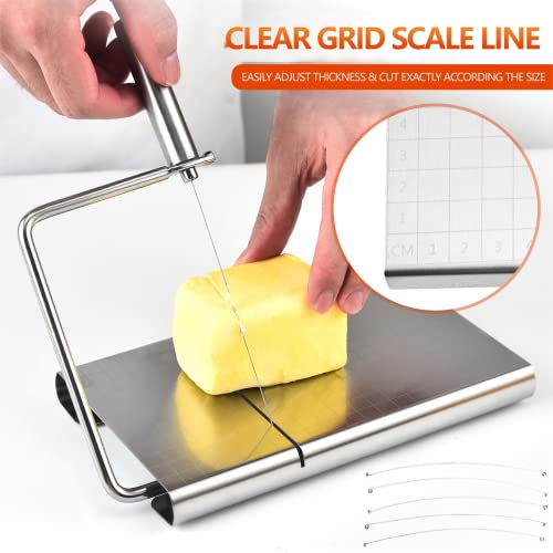 ISZW Cheese Slicer Knife Set, Cheese Slicer Cutter with Wire Food Cutter Precise Scale Board, 4 Cheese Knife Set Mini Butter Knife & Fork for Cutting Cheese Butter Vegetables Sausgae
