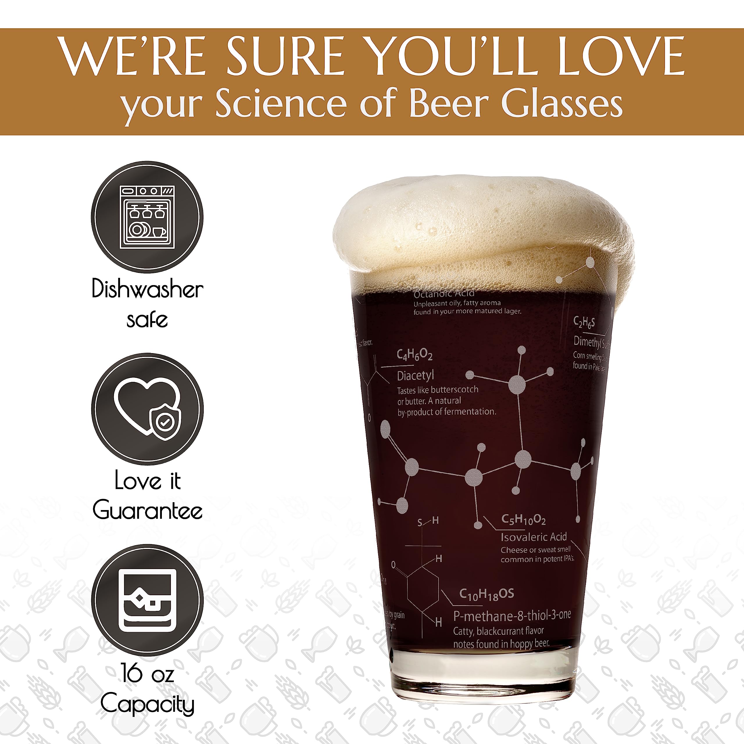 Greenline Goods Beer Glasses - 16 oz Pint Glass (1 Glass) β Science of Beer Glassware - Etched with Beer & Hops Chemistry Molecules