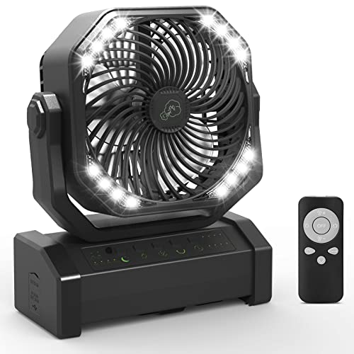 SALLOUS Camping Fan with LED Light, 20000mAh Rechargeable Battery Operated Table Fan, Auto-Oscillating Tent Fan with Remote & Hook, 4 Speed Portable Camping Fan for Travel Picnic Fishing, Black