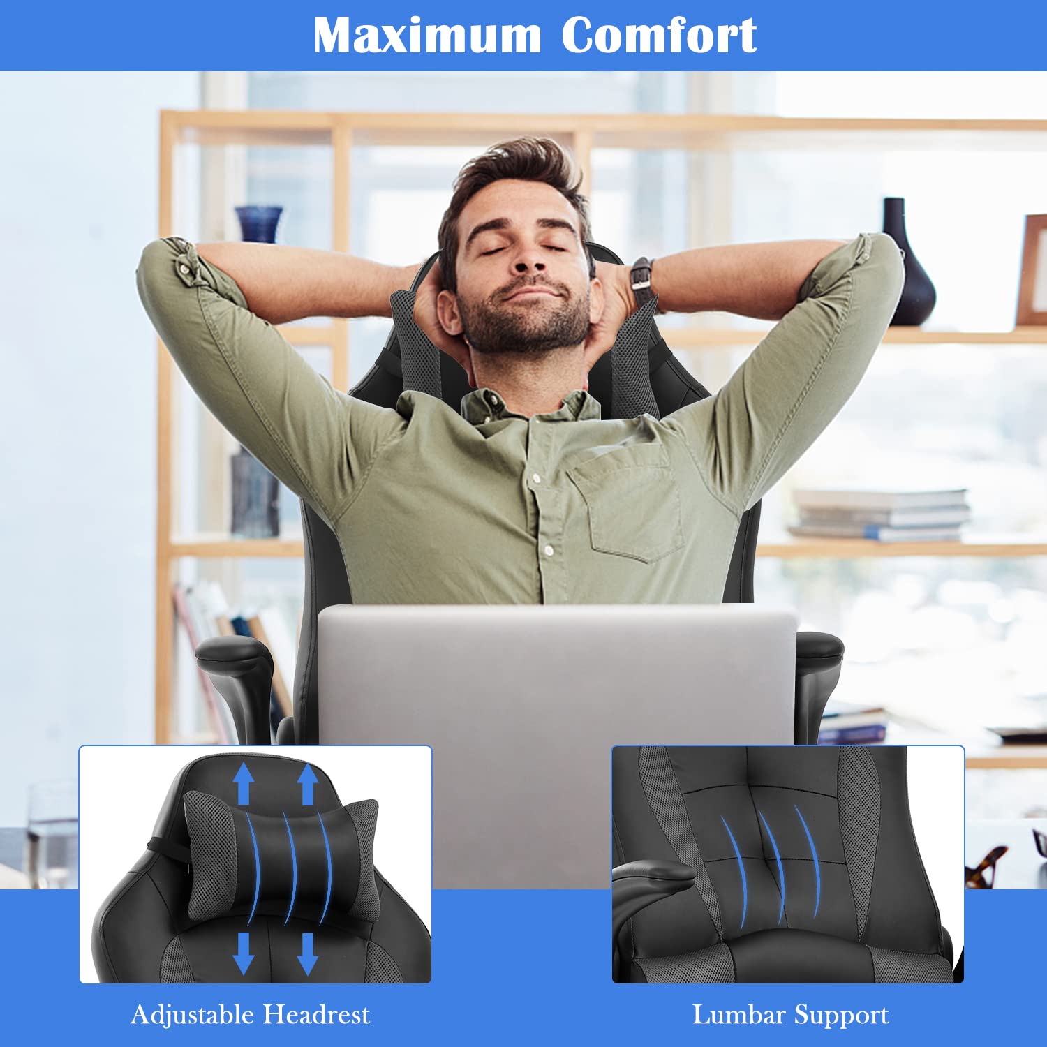 Gaming Chair Computer Chair Ergonomic Office Chair with Lumbar Support& Headrest& Armrest, Adjustable PU Leather High Back Desk Chair Racing Executive Rolling Swivel Task Chairs, Grey