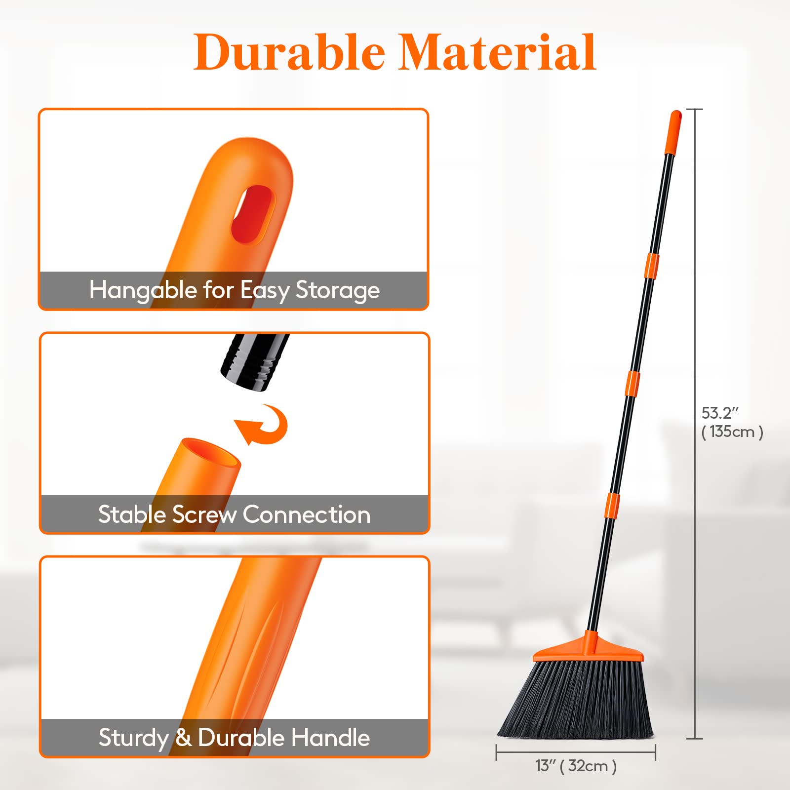 Lifewit Outdoor Broom, Heavy Duty Broom with 53" Extendable Long Handle, Household Angle Brooms for Indoor, Patio, Garage, Deck, Lobby, Courtyard Sweeping, Orange