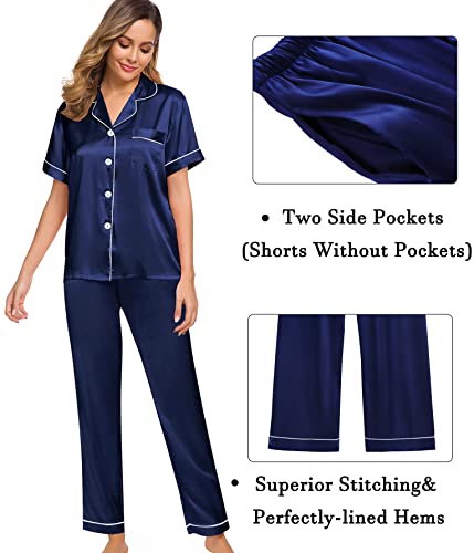 SWOMOG Women's 3 Pcs Pajamas Sets Silk Satin Sleepwear Button Down Loungewear Short Sleeve Shirt Pjs Navy Blue