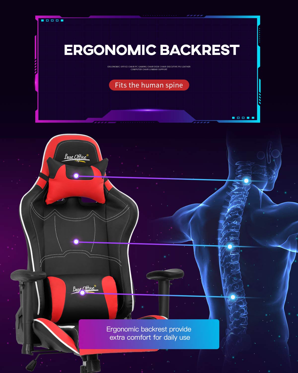 Gaming Chair Racing Chair Computer Chair with Lumbar Support Headrest Armrest PC Rolling Swivel Desk Chair Task Ergonomic PU Leather E-Sports Adjustable Office Chair(Red)