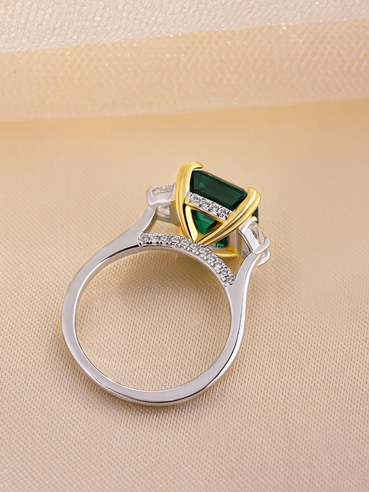Effinny 4.5ct Women's Two-Tone Emerald Engagement Ring,Asscher Cut Green Paraiba Tourmaline Three Stone Promise Ring in 925 Sterling Silver(Size:8)