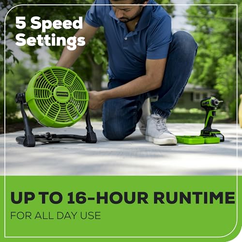 Greenworks 24V 10" (5-Speed) Fan (500 CFM), Hybrid (AC / DC), 2.0 Ah USB (Power Bank) Battery and Charger Included