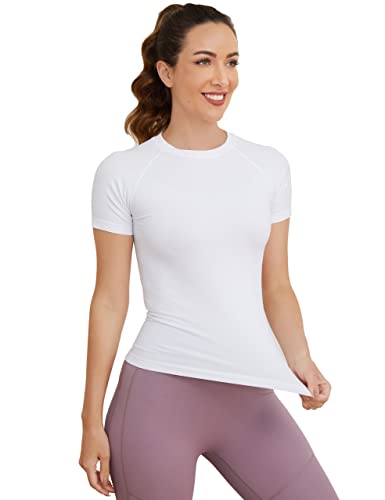 MathCat Workout Shirts for Women, Workout Tops for Women Short Sleeve, Seamless Yoga Shirts, Breathable Athletic Gym Tops Slim Fit(White,S)